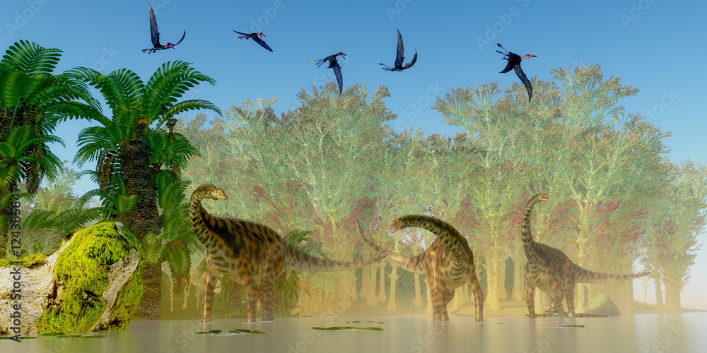 Spinophorosaurus Dinosaurs Swamp - A flock of Dorygnathus reptiles fly ...