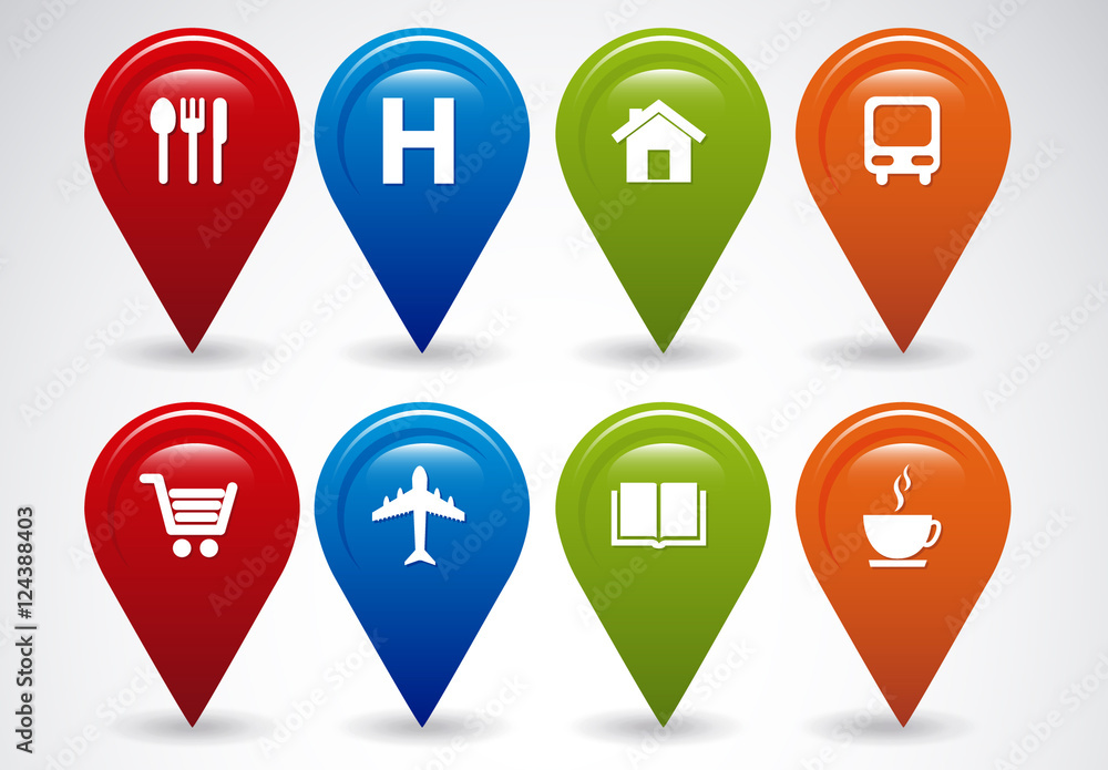 8 Multicolored GPS and Map Location Marker Icons with Pictograms Inset ...
