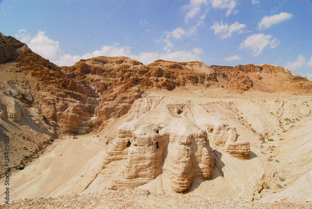 Qumran caves at the archaeological site in the Judean desert of the ...