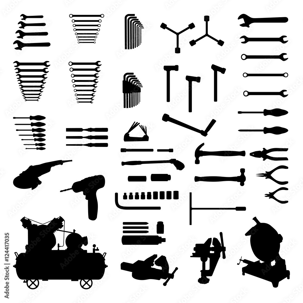 Silhouette of Garage Workshop Tools Set for Mechanical Repair Stock ...