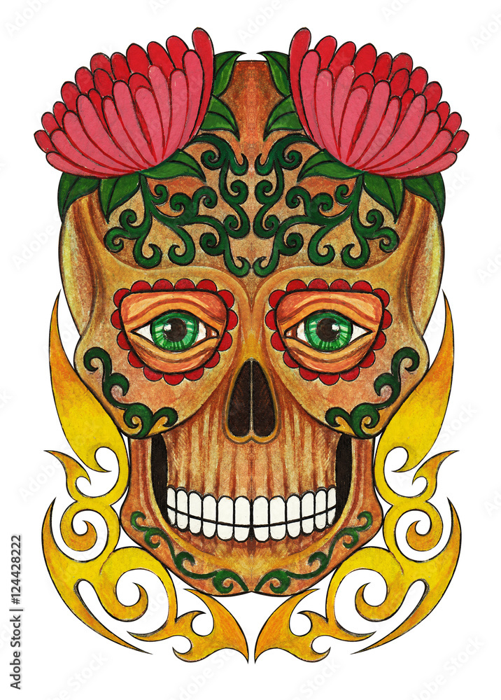 Skull art day of the dead. Hand drawing and color painting on paper ...