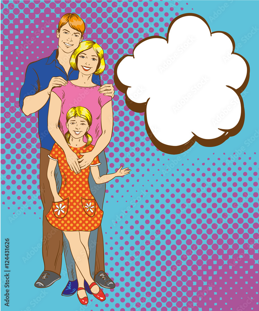 Happy family characters vector illustration in retro comic pop art ...