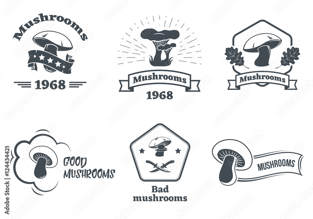 Mushrooms logo set. Design elements, icons, emblems and badges isolated ...