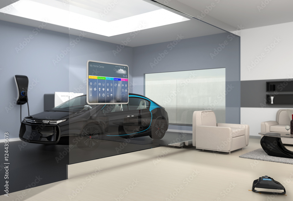 Home automation control panel on the glass wall. From the living room's ...