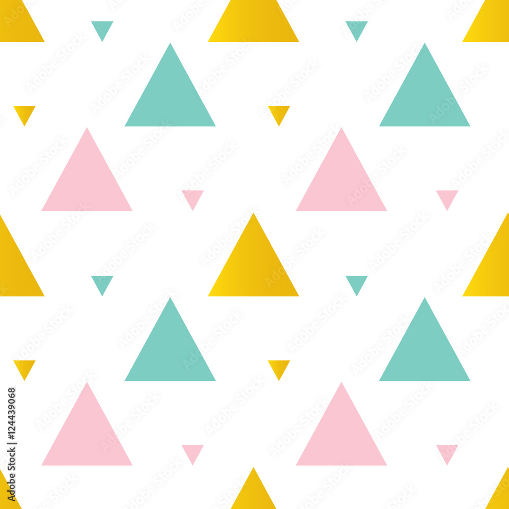 Cute pink, mint green and gold triangles seamless pattern background ...