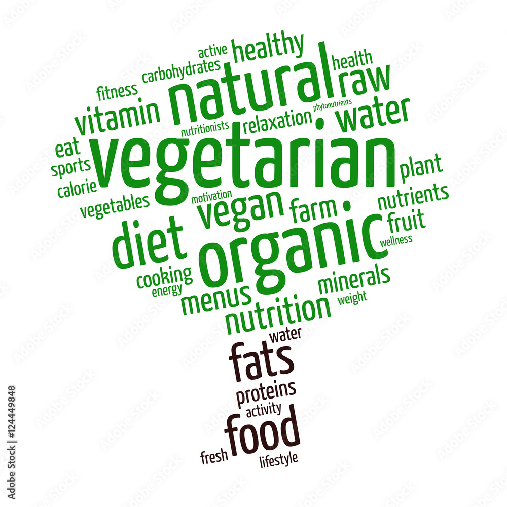 Vegetarian word cloud in shape of tree, white background, healthy ...