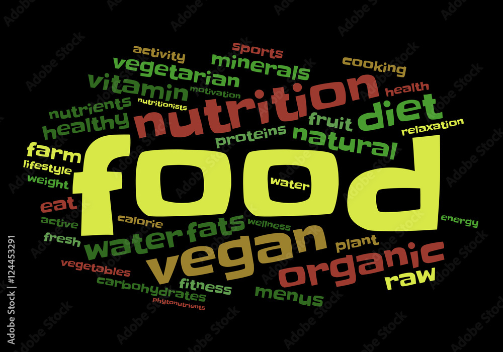 Food word cloud, color fonts, black background, healthy lifestyle ...