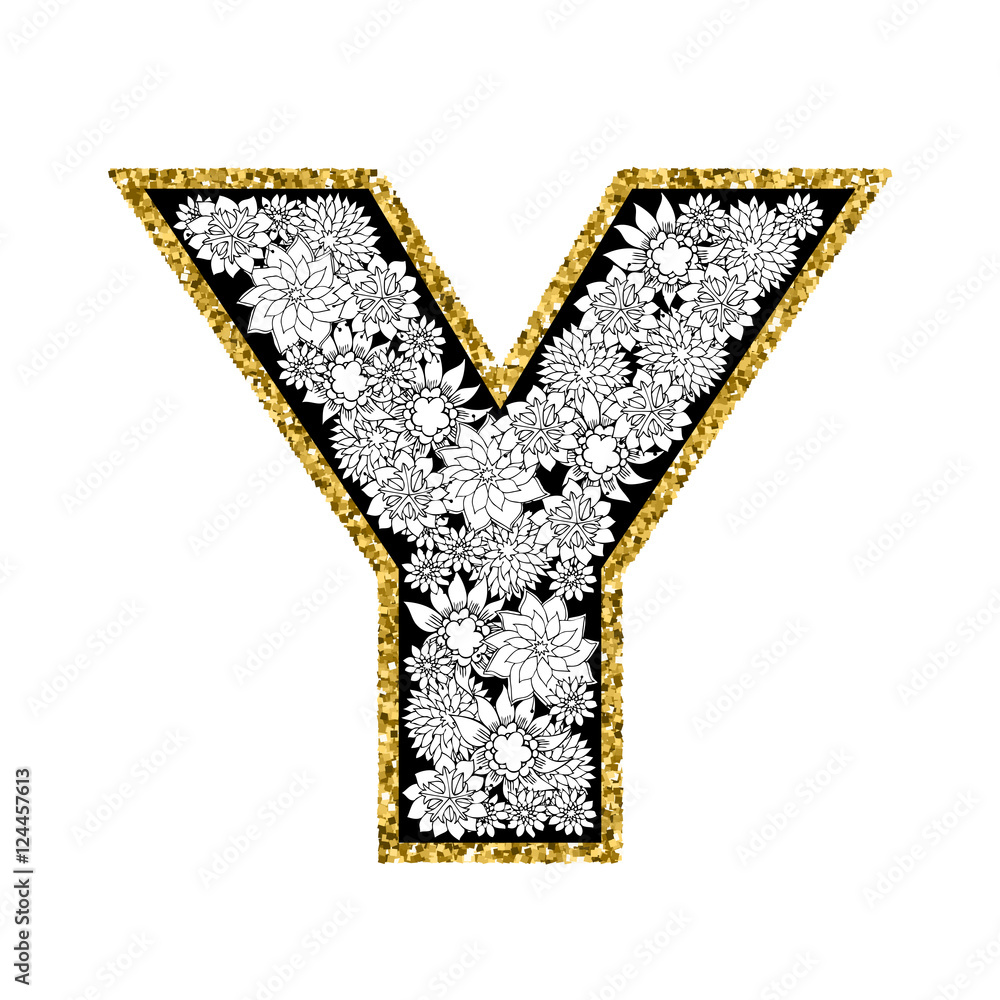 Hand drawn floral alphabet design. Gold glittering contour. Letter Y ...