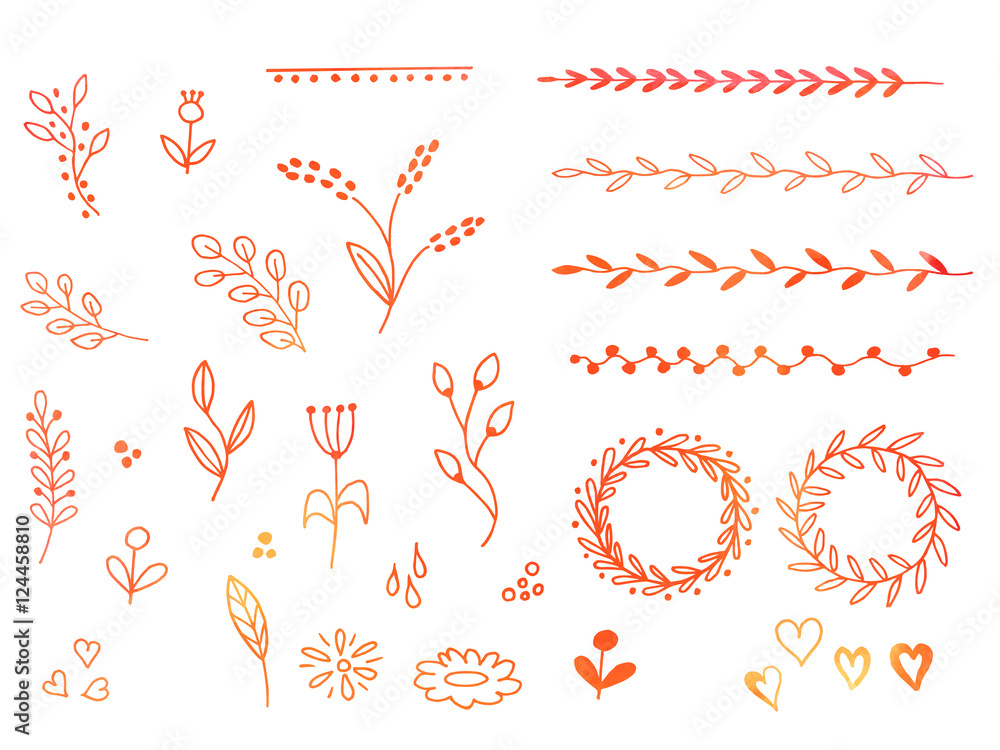 Collection of hand drawn doodle design elements with watercolor texture ...
