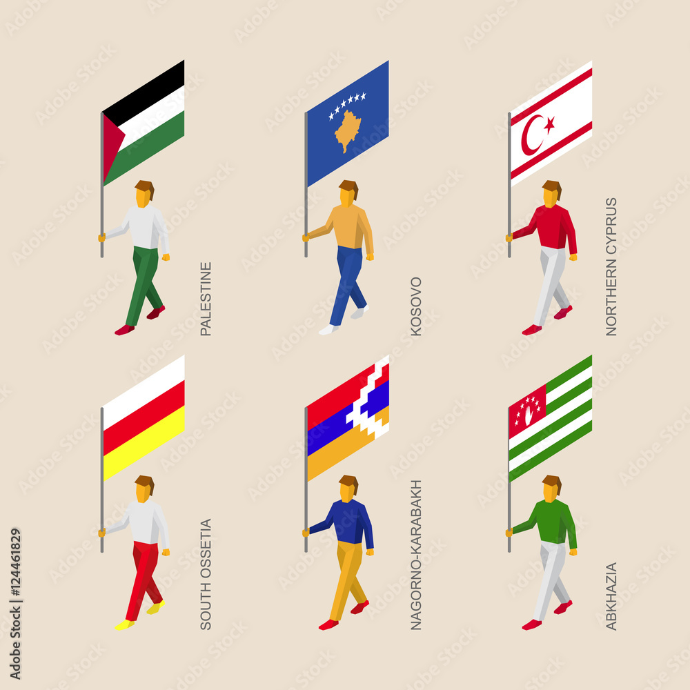 Set of 3d isometric people with flags of a disputed territories and ...