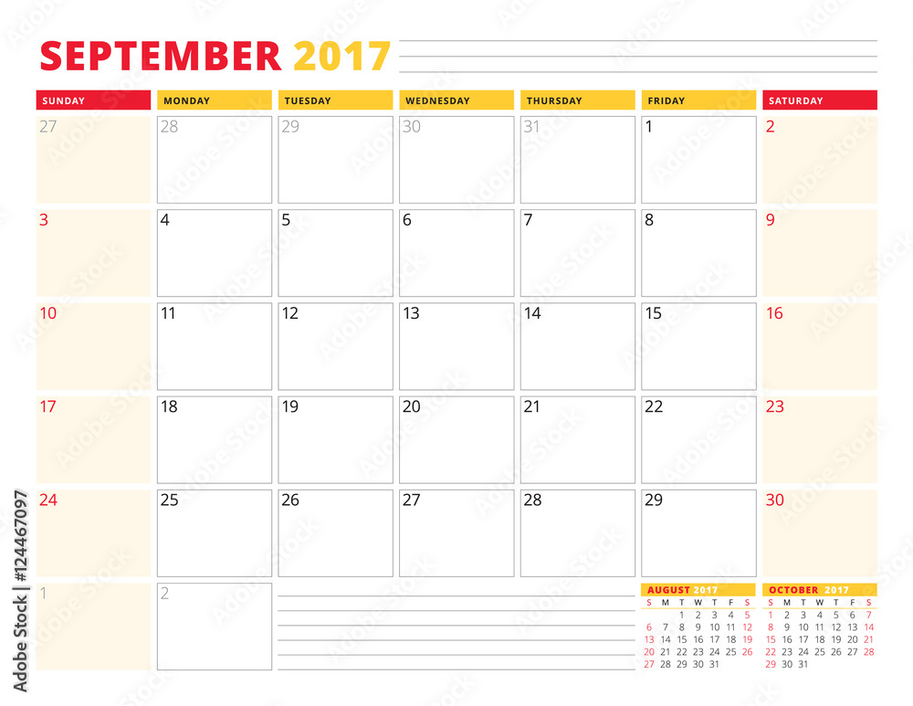 Calendar Planner Template for 2017 Year. September. Stationery Design ...