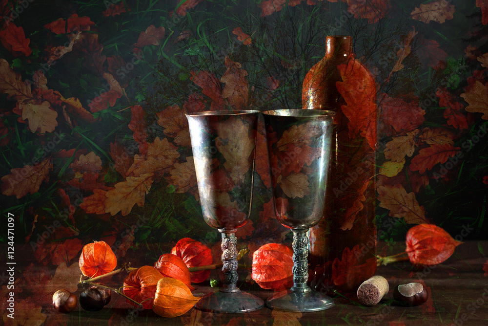 double exposure still life, autumn leaves and trees. Autumn Still Life ...
