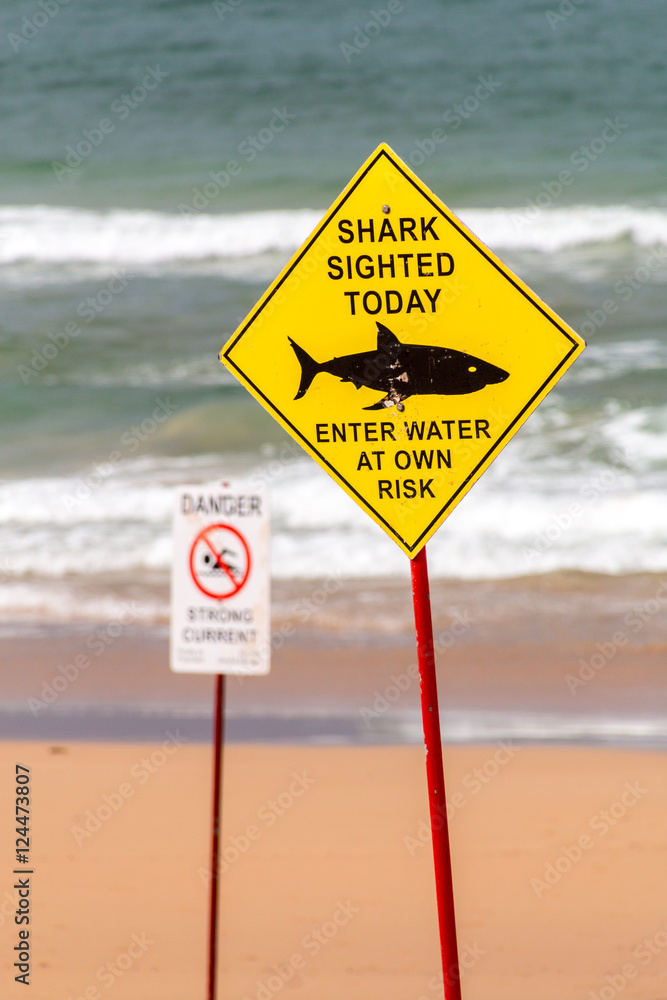 Shark sighting warning sign on the beach Stock Photo | Adobe Stock