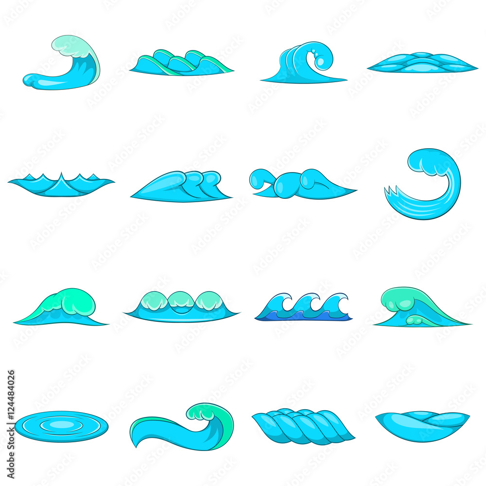 Waves icons set. Cartoon illustration of 16 waves vector icons for web ...