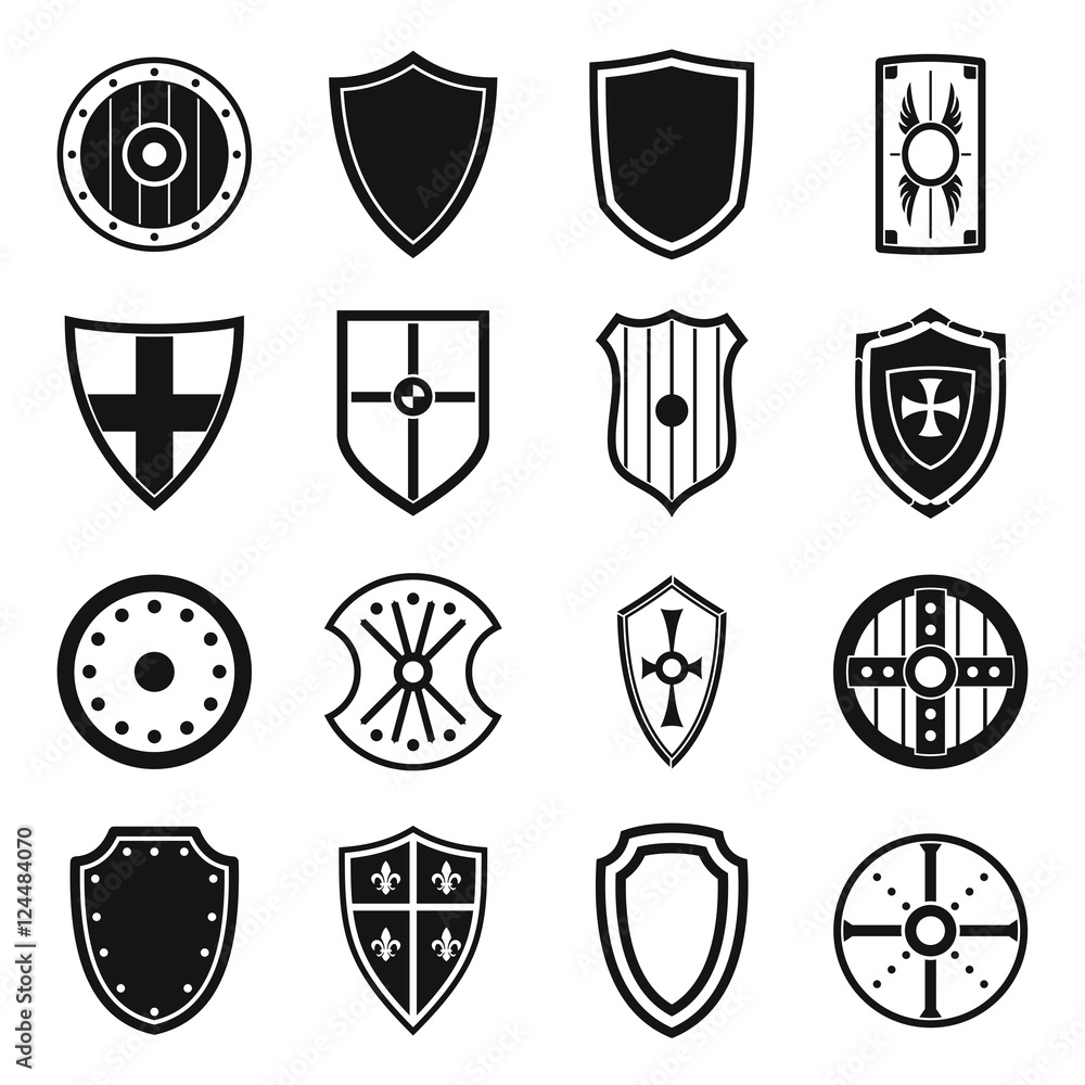Shield frames icons set. Simple illustration of 16 Shield frames vector ...