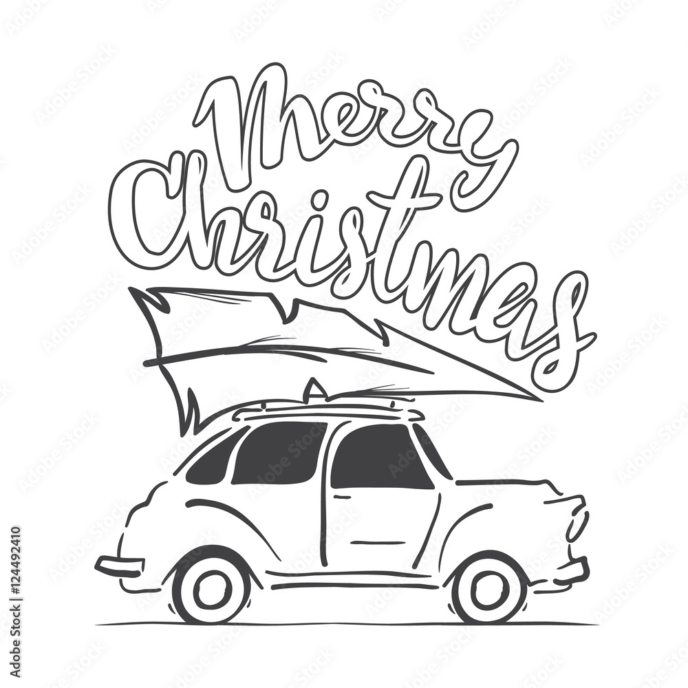 Vector illustration: Hand-drawing moving retro car with Christmas tree ...
