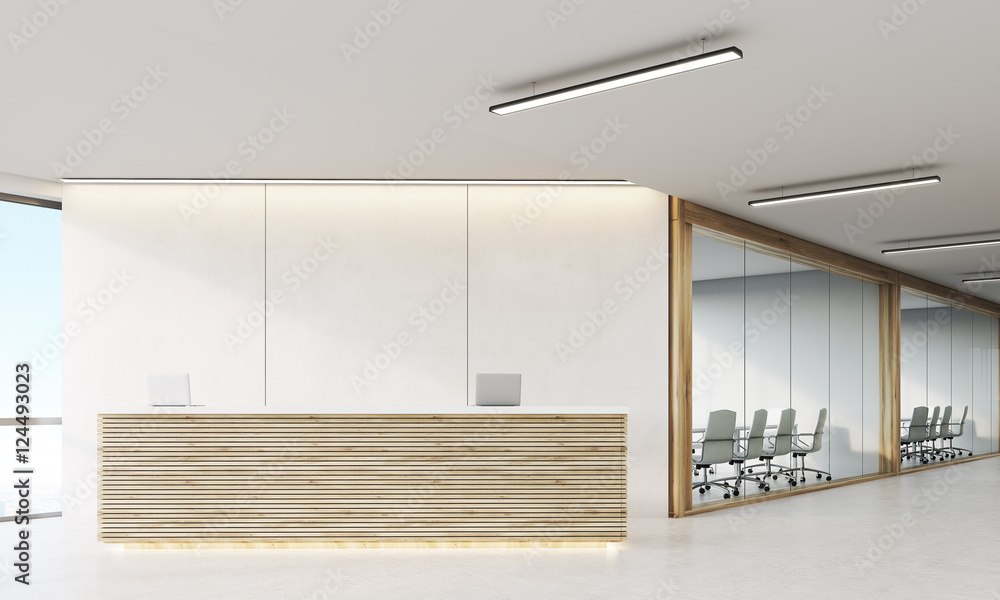 Front view of reception counter in office corridor with wooden e Stock ...