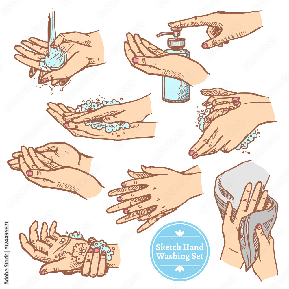 Sketch Hands Washing Hygiene Set Stock-Vektorgrafik | Adobe Stock