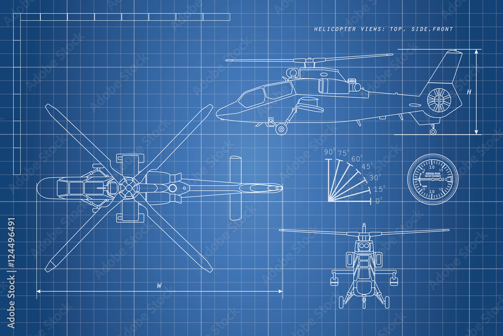 Engineering drawing of helicopter. Helicopters view: top, side, Stock ...