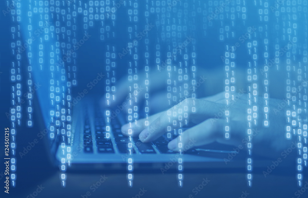 hacker hands at work with graphic user interface around Stock Photo ...