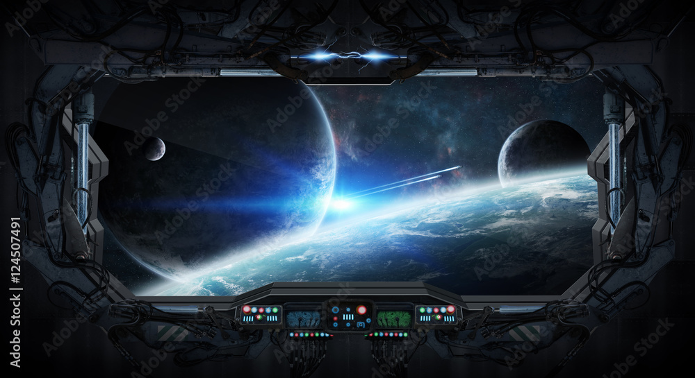 Window view of space and planets from a space station Stock ...