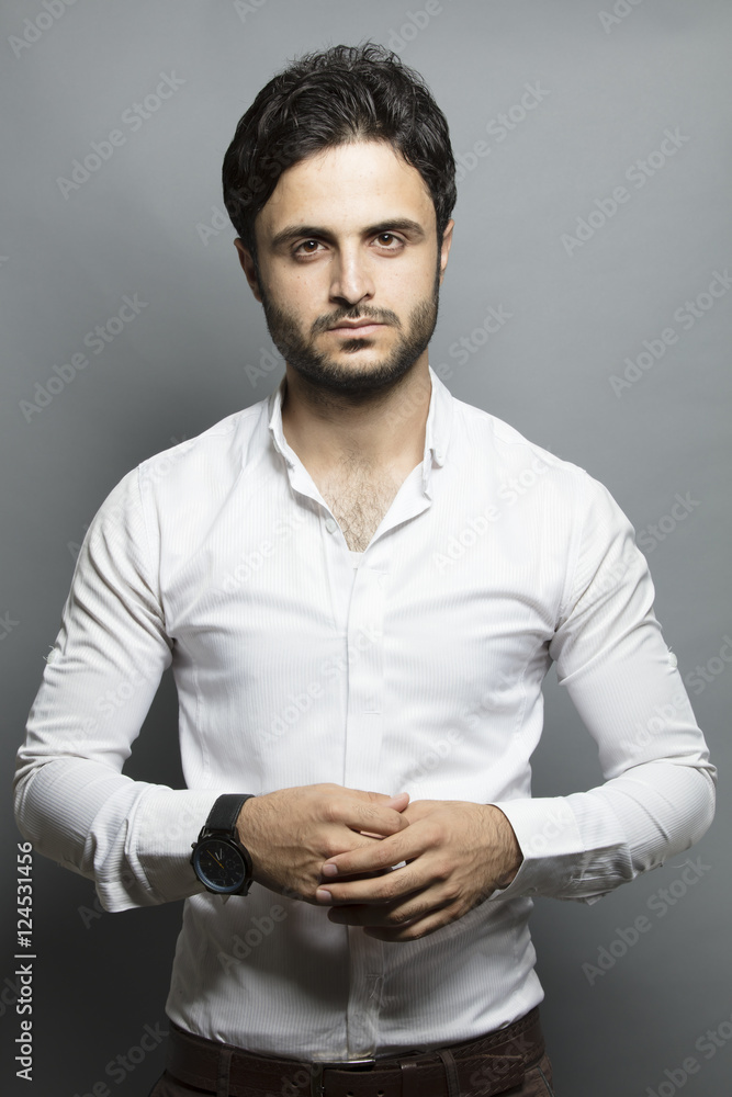 Portrait of white man isolated on grey background Stock Photo | Adobe Stock