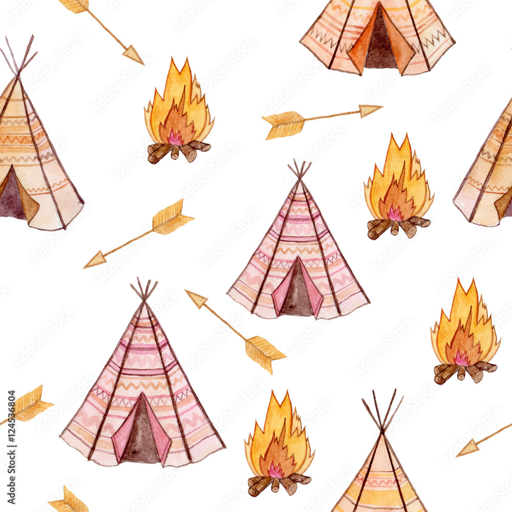 watercolor seamless native american style pattern with pink teepee ...