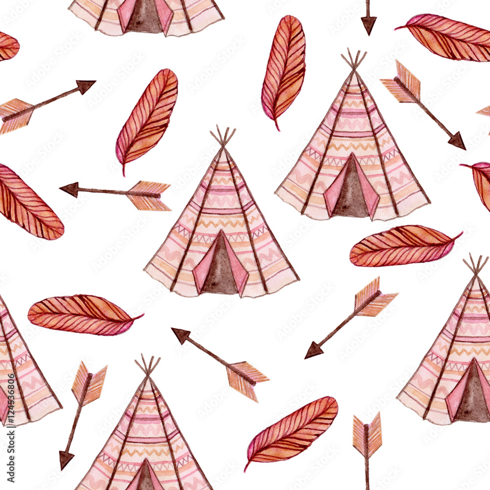 watercolor seamless native american style pattern with pink teepee ...