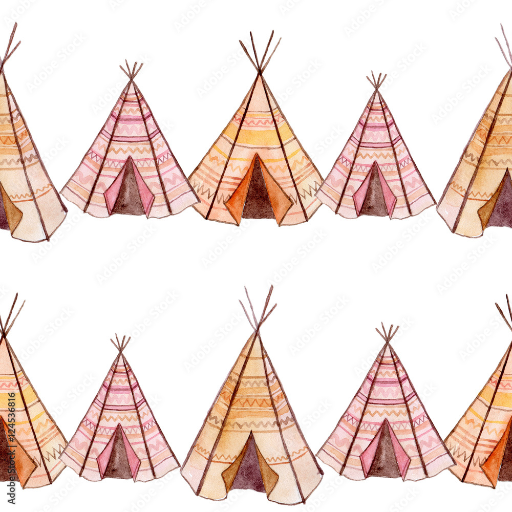 watercolor seamless native american style pattern with pink teepee ...