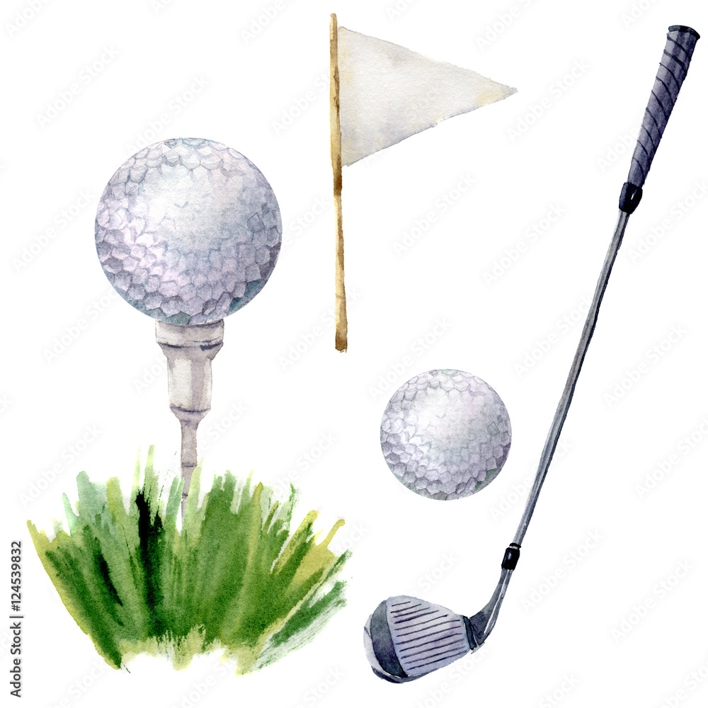 Watercolor golf elements set. Golf illustration with tee, golf club ...