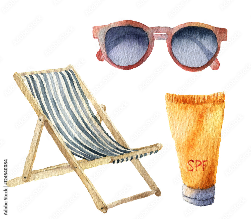 Watercolor beach suntan vacation set. Hand drawn summer objects ...