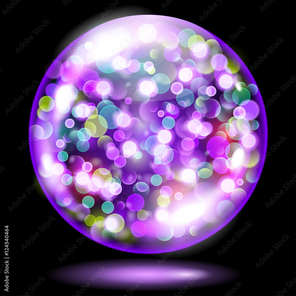 Violet glass sphere filled with multicolored glowing sparkles with ...