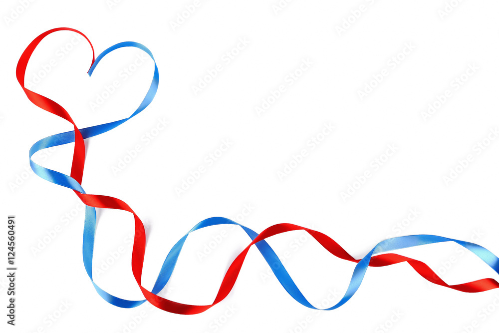 Red and blue ribbons interlaced together in heart as a symbol of love ...