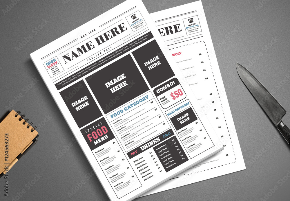 Newspaper Style Food Menu Layout Stock Template | Adobe Stock