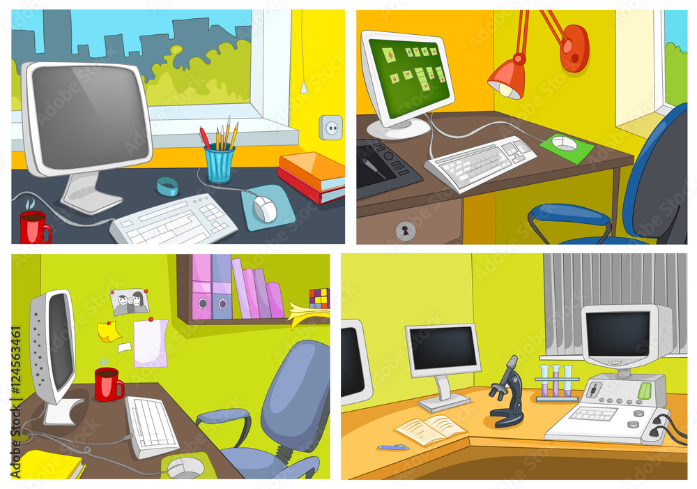 Vector cartoon set of office workplace backgrounds Stock Vector | Adobe ...