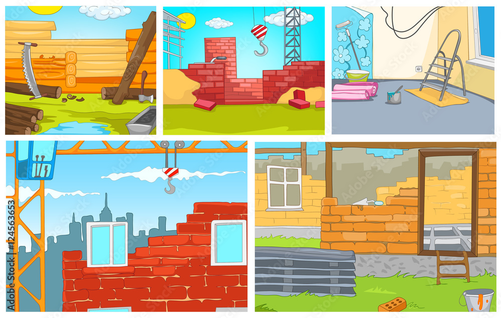 Cartoon set of backgrounds - construction sites. Stock Vector | Adobe Stock