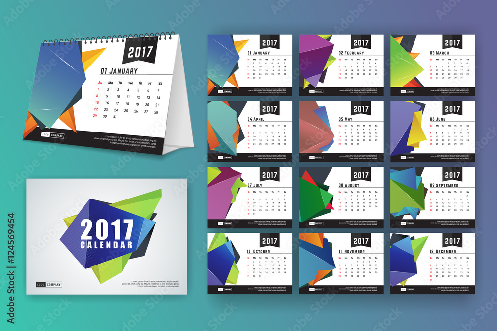 12 month desk calendar template for print design with abstract polygon ...