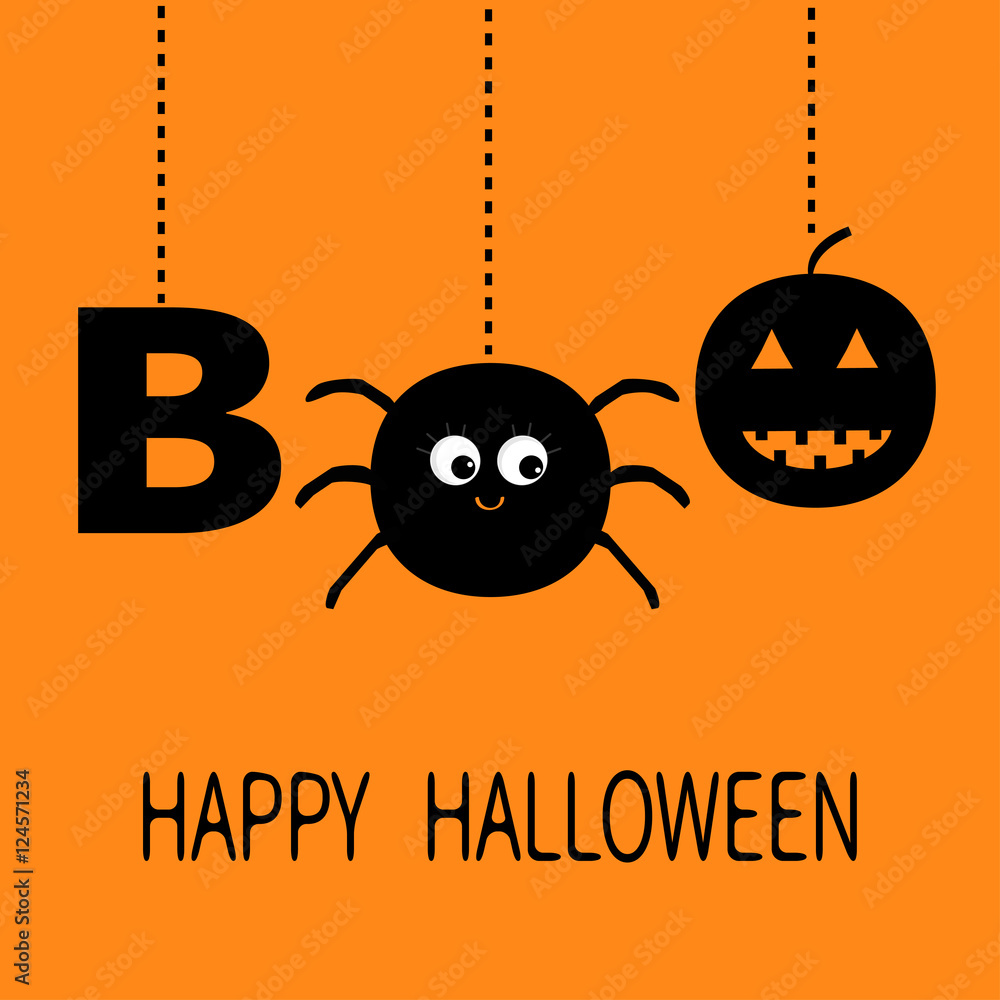 Hanging word BOO text with smiling sad black pumpkin, spider insect ...
