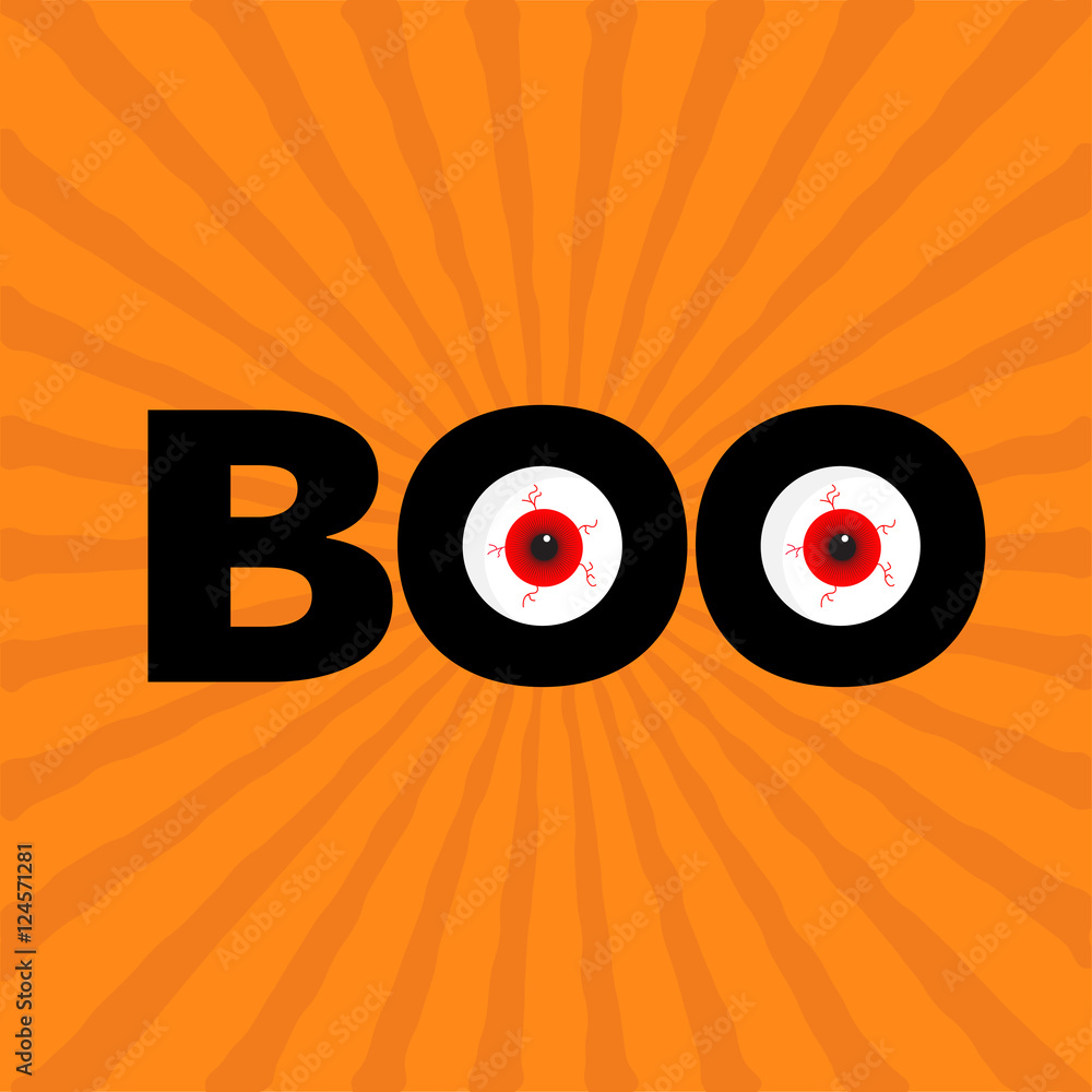 Black word BOO text with red eyes. Evil eyeballs. Happy Halloween ...