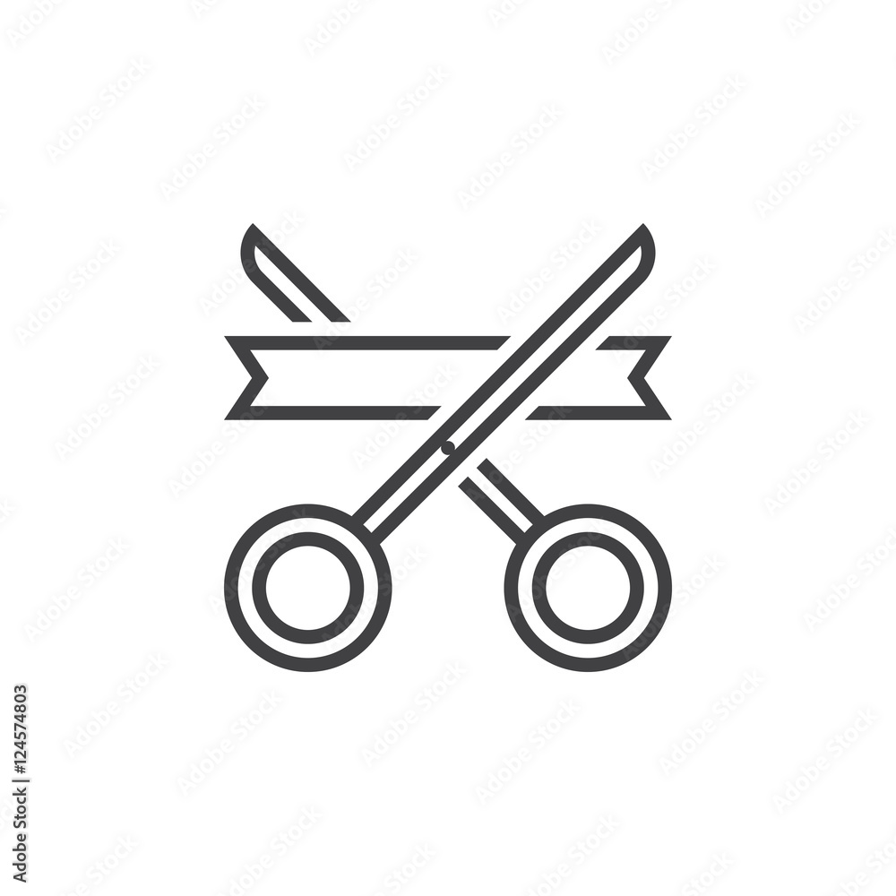 Grand opening symbol. ribbon and scissors line icon, outline vector ...