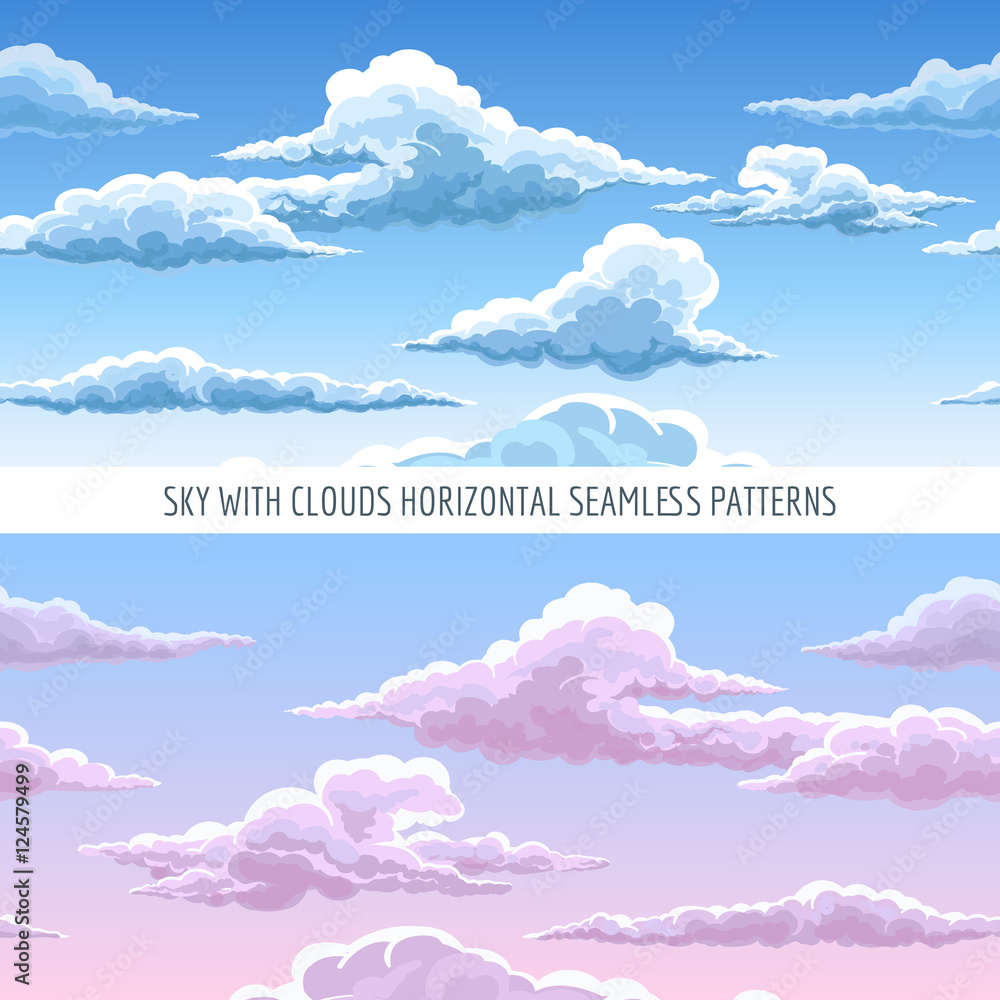Vector blue sky with clouds horizontal seamless pattern. Cartoon heavenly clouds in the sky on ...