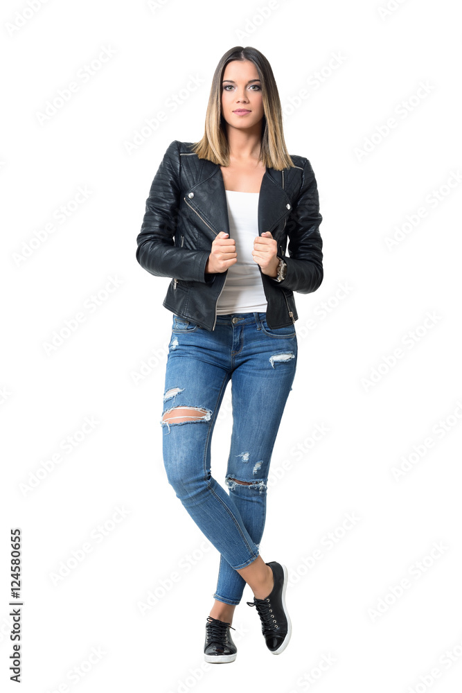 Confident gorgeous girl in torn jeans with ombre hairstyle posing and ...