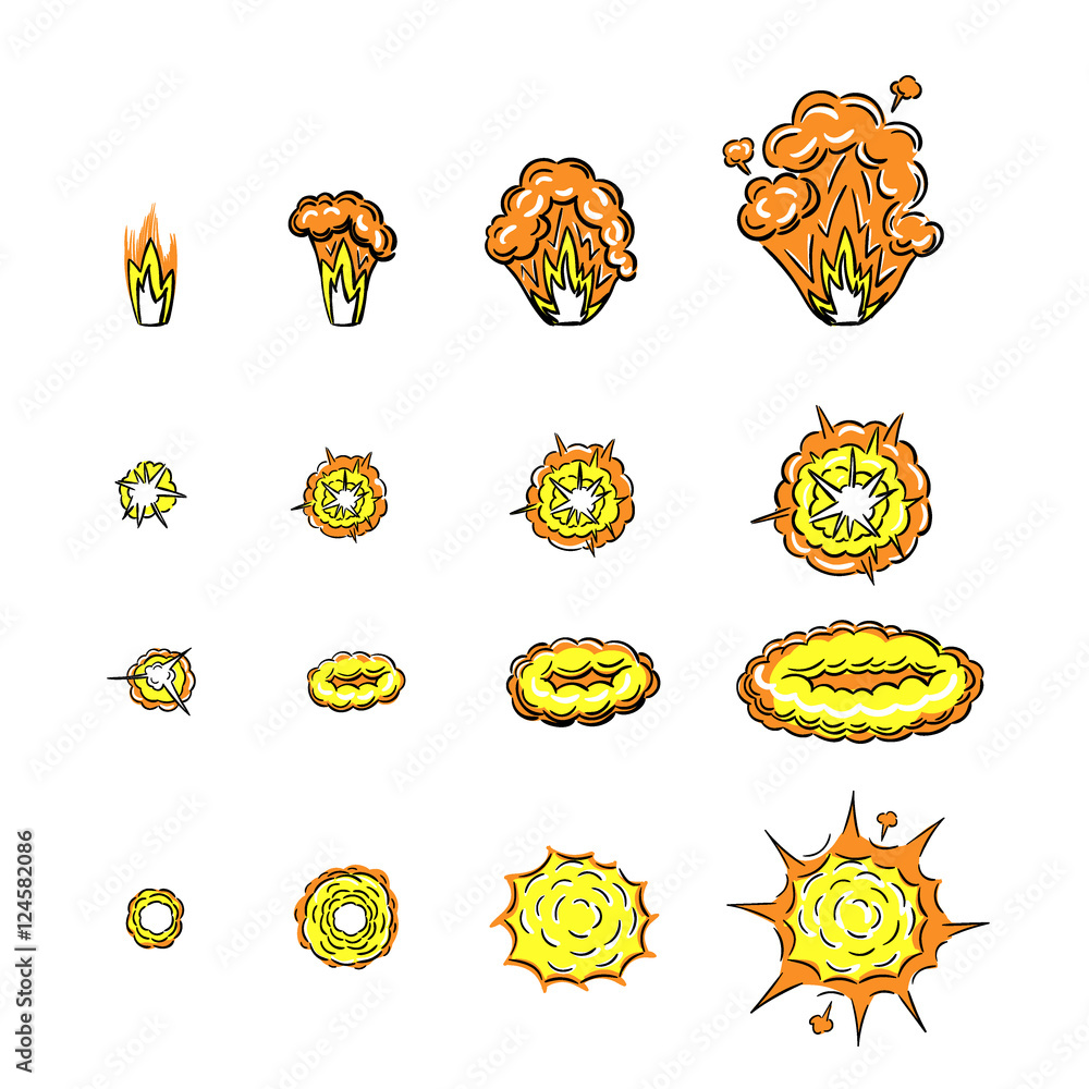 Cartoon sketchy doodle set with explosion effects of different size and ...