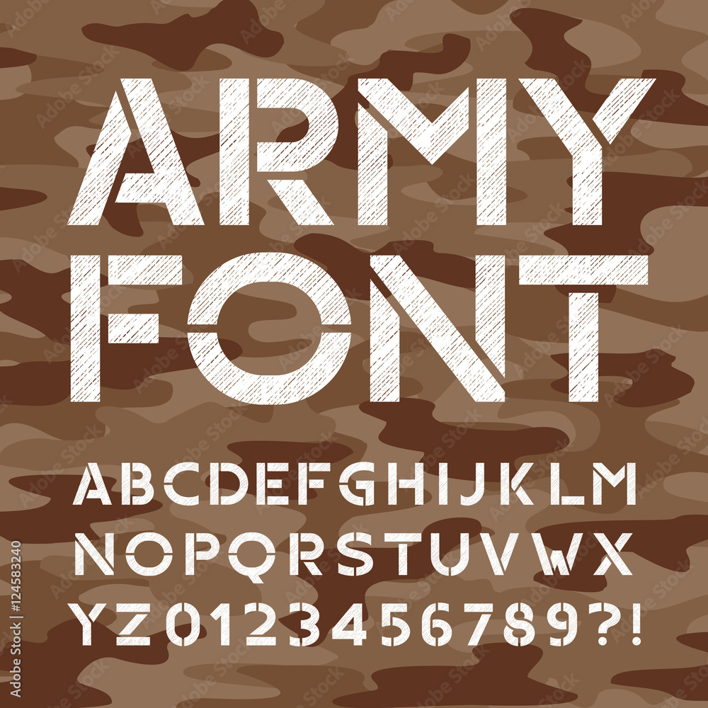 Army alphabet font. Distressed type letters and numbers on camo ...