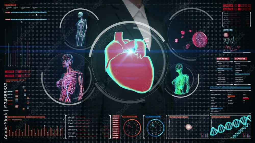 Businesswoman touching digital screen, Female body scanning blood ...