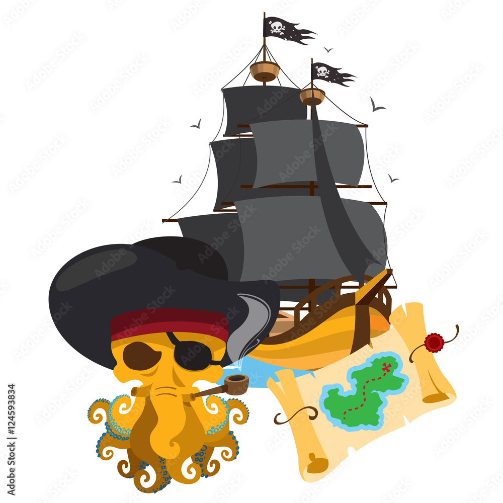 Octopus pirate, pirate ship, treasure map. Graphics Pirate theme. Stock ...