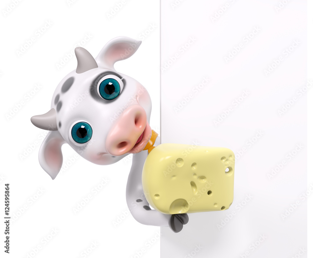 Cartoon character cow holding cheese , isolated 3d rendering Stock ...