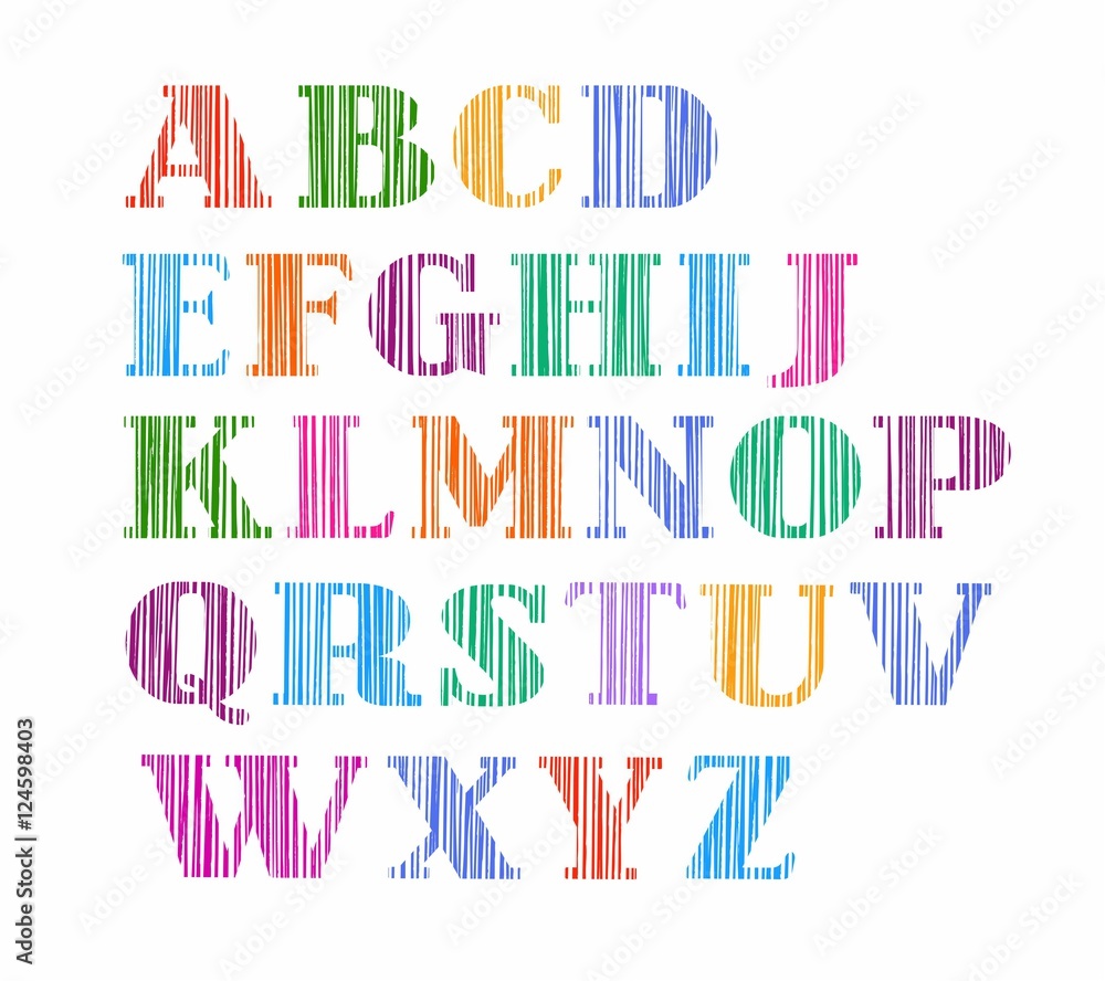 English alphabet, capital letters, the vertical shading with colored ...