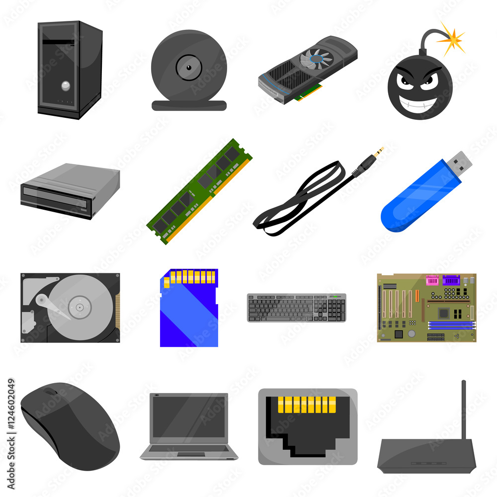 Personal computer set icons in cartoon style. Big collection personal ...