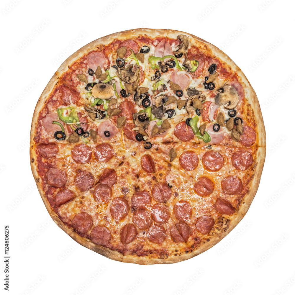 Half pizza. Tomato sauce, cheese mozzarella, pepperoni, fragrant pork ...